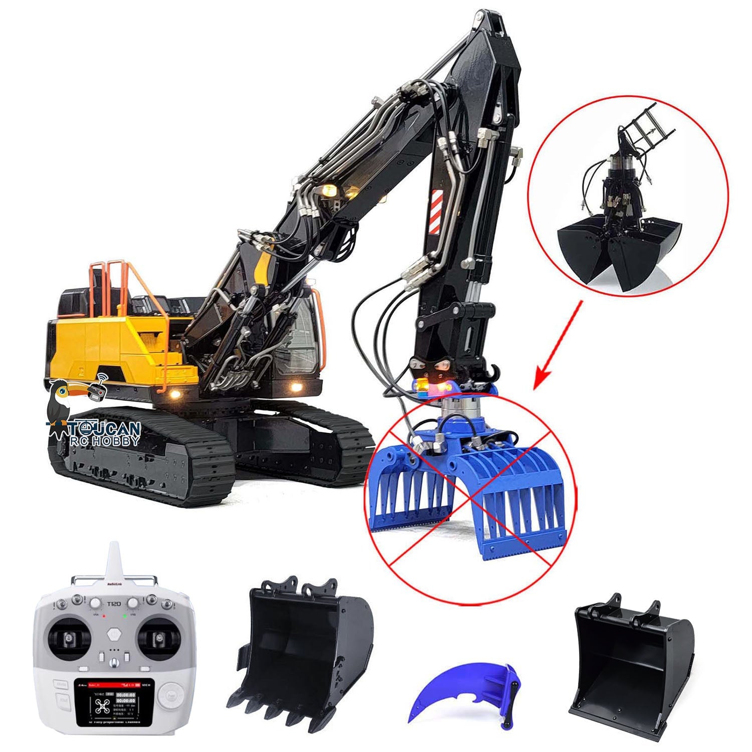 MTM Metal Remote Control Tracked Digger Cars 1/14 EC380 3 Arms RC Hydr ...